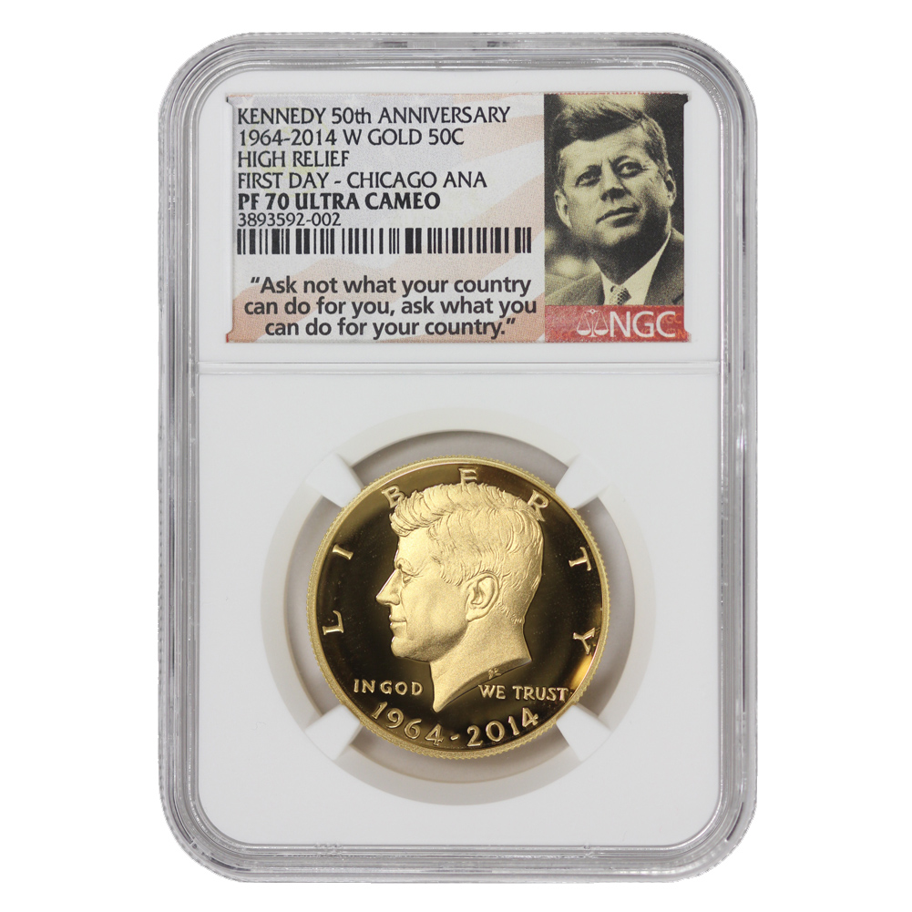 2014-W 50c Gold Kennedy High Relief NGC PF70UCAM FDOI Chicago ANA