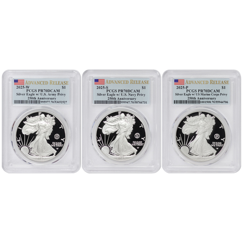 Set of 3 2025 $1 Silver Eagles Army, Navy, & Marine Corps 250th Anniv ...