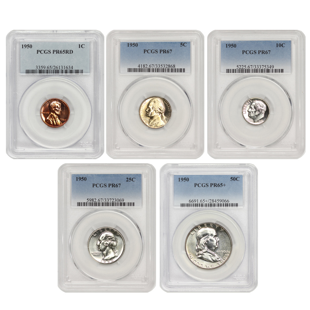 Set of 5 1950 Penny, Nickel, Dime, Quarter, Half Dollar PCGS Proofs