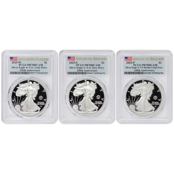 Set of 3 2025 $1 Silver Eagles Army, Navy, & Marine Corps 250th Anniv ...