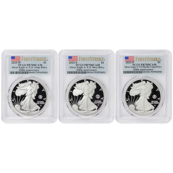 Set of 3 2025 $1 Silver Eagles Army, Navy, & Marine Corps 250th Anniv ...