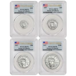 Set of 4 2007 Platinum Eagle PCGS MS70 FS Flag Label